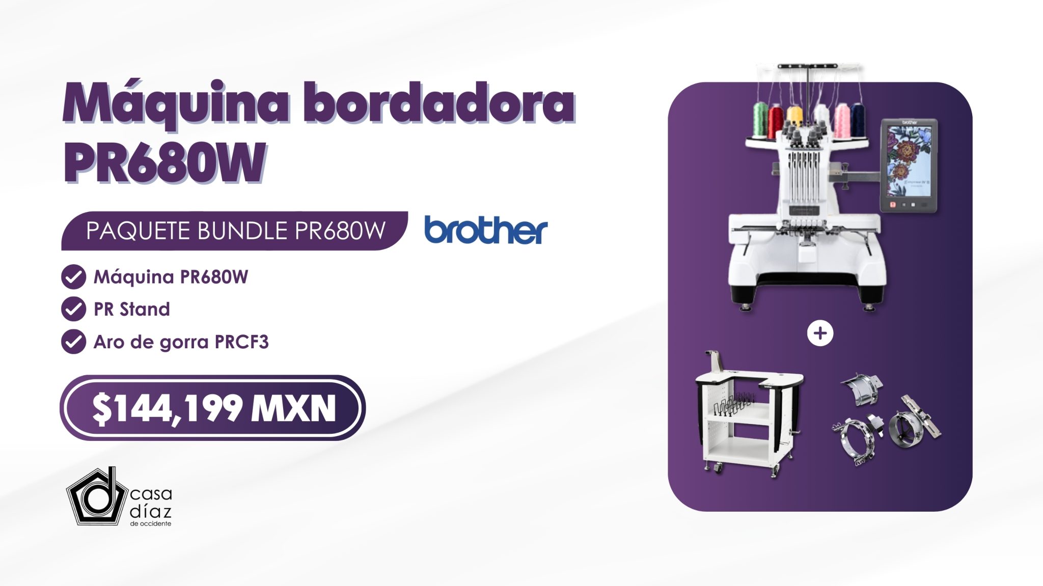 Bordadora Brother Semi Industrial De 6 Agujas PR680W + PR Stand + Aro ...